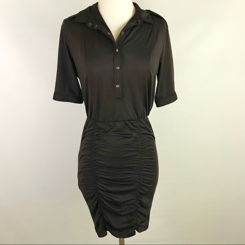 Venus Dark Brown Ruched Bottom Snap Front Dress 4 - Gem